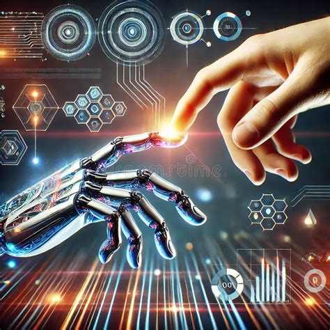 the android hand touching a human hand causing graphs and statistics to