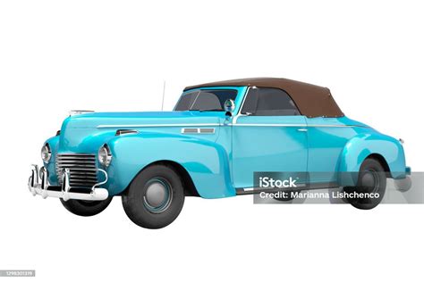 흰색 배경에 고립 된 3d 렌더링 블루 클래식 컨버터블 가죽 자동차 없음 그림자 1960년에 대한 스톡 사진 및 기타 이미지