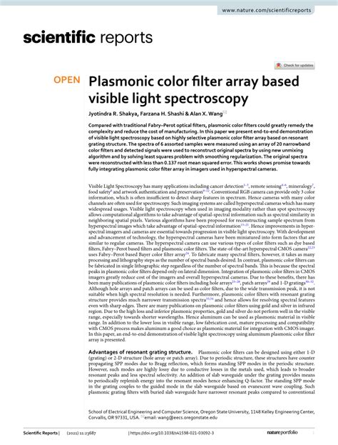 PDF Plasmonic Color Filter Array Based Visible Light Spectroscopy