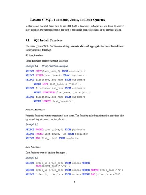Lesson08 Sql Functions Subqueries And Joins Pdf Sql Computer
