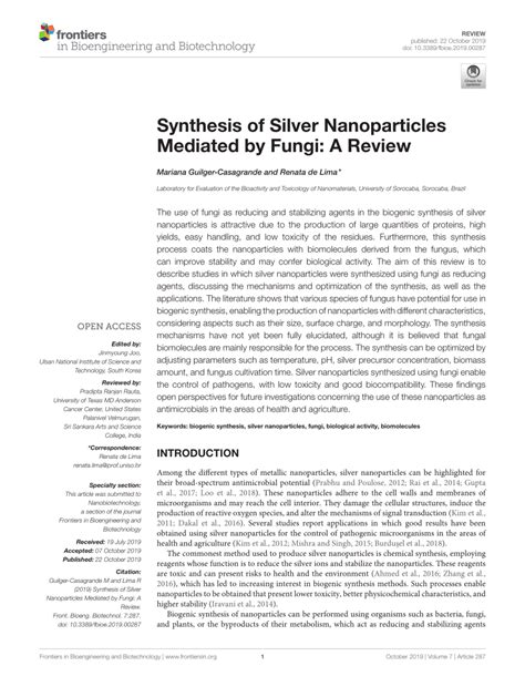 Pdf Synthesis Of Silver Nanoparticles Mediated By Fungi A Review