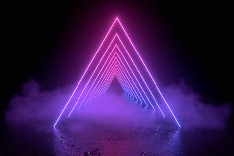 자외선 네온 조명 빈 프레임 우주 풍경 연기와 빛나는 터널 문 3d 추상적 인 배경 삼각형에 대한 스톡 사진 및 기타 이미지 삼각형 네온 형광색의 Istock