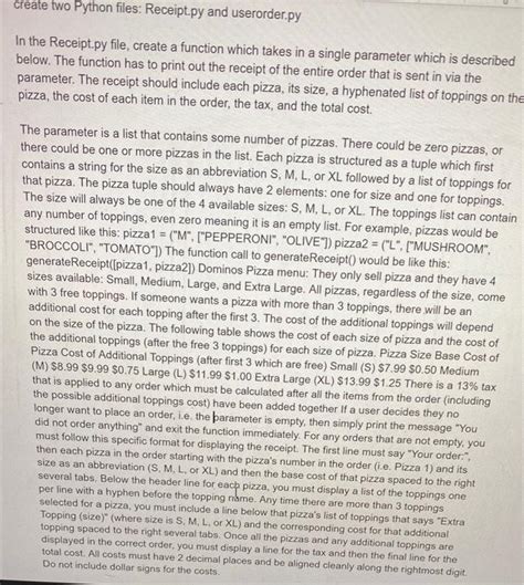 Solved Create Two Python Files Receipt Py And Userorder Py Chegg