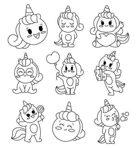 귀여운 유니콘 캐릭터 컬러링 페이지 재미있는 포니 만화 터 그림 프리미엄 벡터