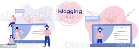 블로거 소녀 프리랜서 여성 비디오 채널 웹 사이트 새로운 콘텐츠 기술 블로깅 미니어처 벡터 일러스트레이션 검색 엔진에 대한 스톡