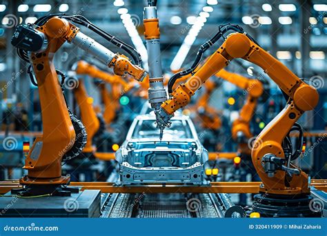 Robotic Arms Assembling Car In Automated Factory Stock Illustration Illustration Of Robotic