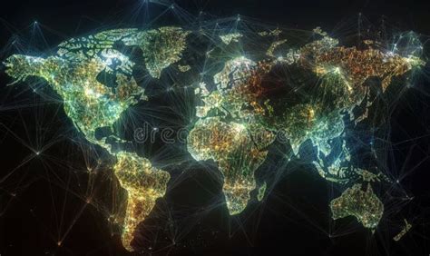 Illuminated World Map With Network Connections And Data Visualization
