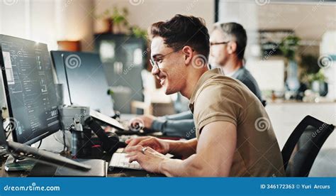 Computer, Typing and Web Development with Happy Man in Creative Workplace for Coding or Design ...