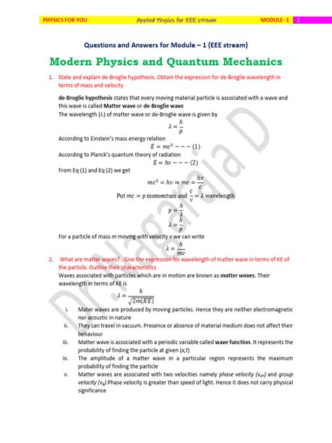1 Q And A Mp And Qm Eee 2023 Pdf Waves Wave Function