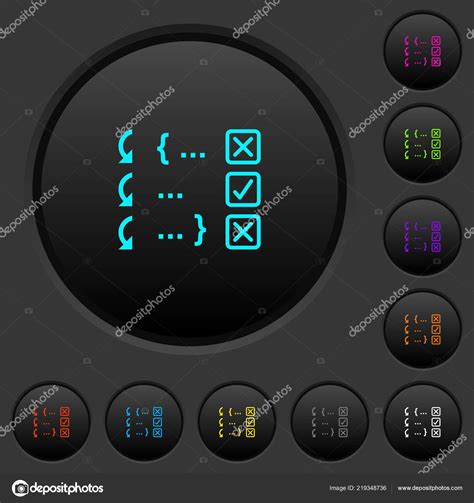 debugging program dark push buttons vivid color icons dark grey stock