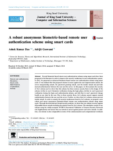 Pdf A Robust Anonymous Biometric Based Remote User Authentication Scheme Using Smart Cards