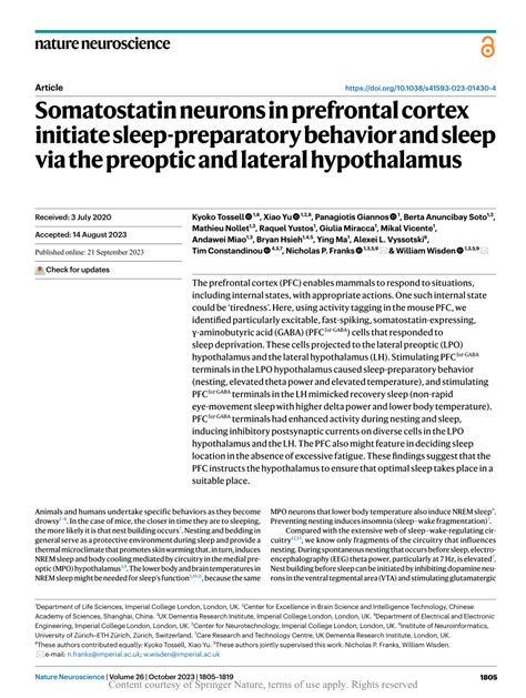 Pdf Somatostatin Neurons In Prefrontal Cortex Initiate Sleep Preparatory Behavior And Sleep