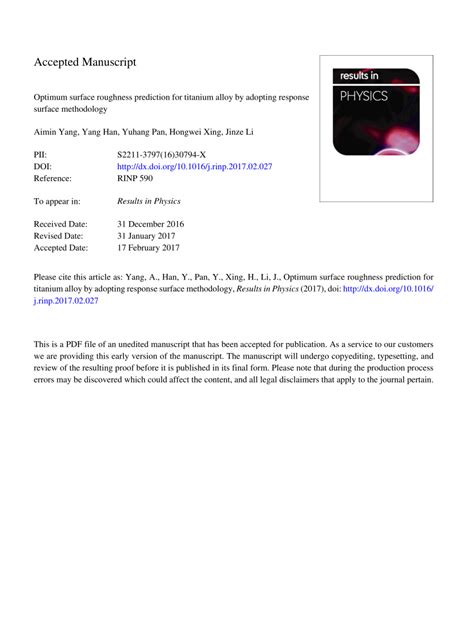 Pdf Optimum Surface Roughness Prediction For Titanium Alloy By
