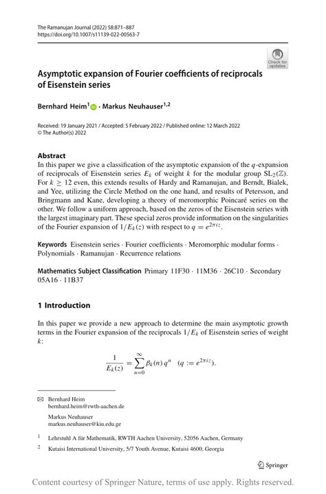 Pdf Asymptotic Expansion Of Fourier Coefficients Of Reciprocals Of