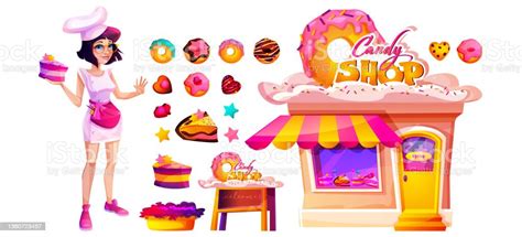 여자 는 고립 된 흰색 배경에 만화 스타일의 과자 세트와 과자의 세트와 컵 케이크의 판매자 Eps 10 형식의 그래픽 벡터 그림입니다 가게 표시에 대한 스톡 벡터 아트 및
