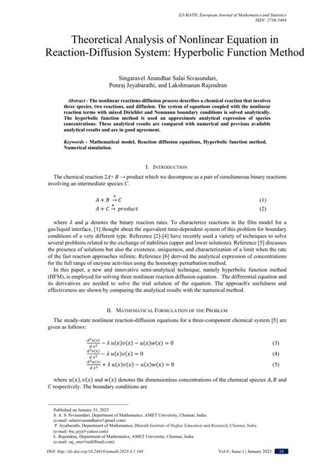 pdf theoretical analysis of nonlinear equation in reaction diffusion