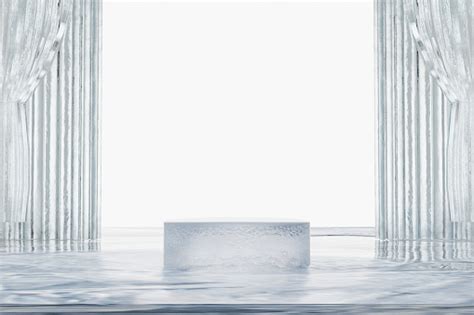 Abstact 3d는 겨울 장면 및 자연 배경 얼음 지상 무대에 얼음 연단 제품 디스플레이 광고 등을 위한 배경 크리스탈 커튼을 렌더링합니다 0명에 대한 스톡 사진 및 기타