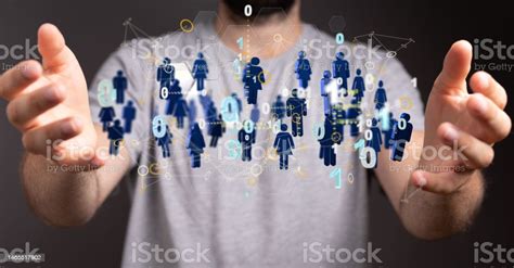 3d rendering of human icons network hovering between a mans hands stock