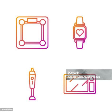 세트 라인 전자 레인지 믹서기 욕실 저울 및 심장 박동수를 보여주는 스마트 시계 그라데이션 색상 아이콘입니다 벡터 가정 생활에 대한 스톡 벡터 아트 및 기타 이미지 Istock