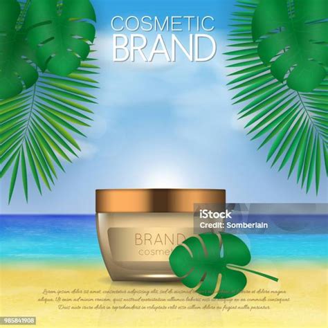 이국적인 야자수와 해변 배경에 여름 선크림 화장품 디자인 서식 파일 나뭇잎 3d 현실 태양 보호와 제품 광고입니다 광고에 대한