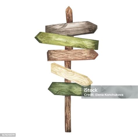 관광 루트에 있는 나무 푯말은 수채화 손으로 그렸습니다 여름 캠프 등산로로 가는 표지판 이정표 화살표 분리된 그림 스케치 0명에