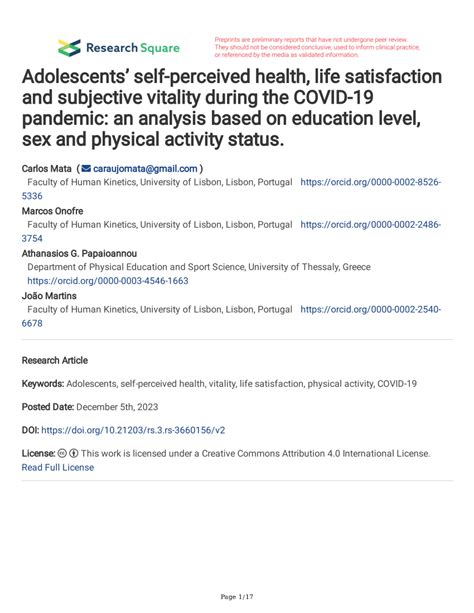 Pdf Adolescents Self Perceived Health Life Satisfaction And