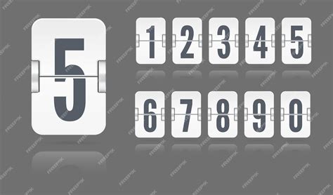 어두운 배경에서 분리된 반사와 함께 떠 있는 기계적 점수판에 있는 흰색 플립 숫자 세트입니다 디자인을 위한 벡터 템플릿입니다 프리미엄 벡터