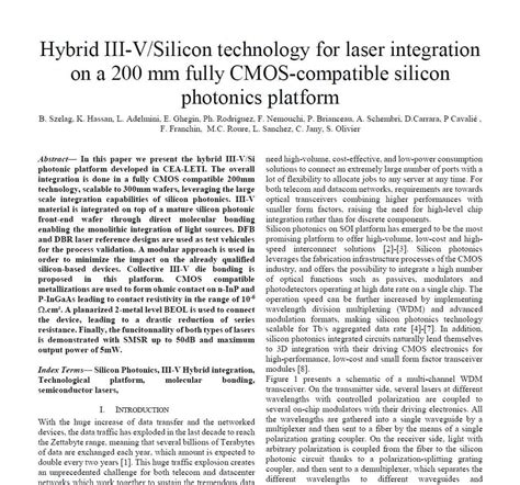 Hybrid Iiivsilicon Technology For Laser Integration On A 200 Mm Fully Cmos Compatible Silicon