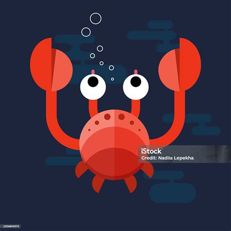 생동감 넘치는 만화 게가 큰 발톱을 치켜들고 깊은 바다에서 수영하고 있습니다 장면은 거품과 짙은 푸른 물로 가득 차 있어 장난기 넘치는 수중 분위기를 자아냅니다 갈고리