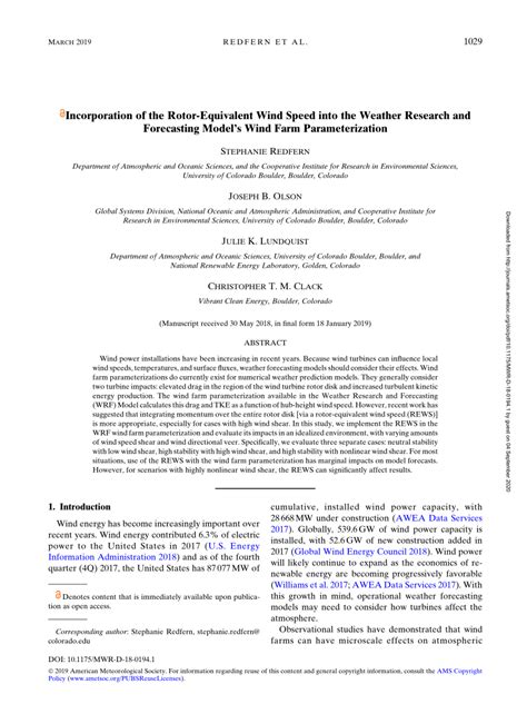 Pdf Incorporation Of The Rotor Equivalent Wind Speed Into The Weather Research And Forecasting