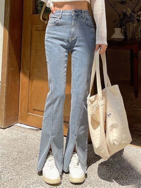 Dazy بنطلون جينز واسع من الاسفل خصر عالي بحافة شق