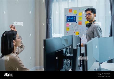 Developer Ask Question To Team Present Project Interface Design With Board And Solving Problem