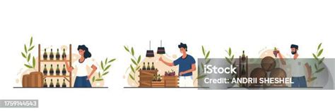 와인과 함께 선반 근처에 서있는 여인 음료와 포도가 담긴 상자 근처에 서 있는 남성 계절에 대한 스톡 벡터 아트 및 기타 이미지 계절 고급 공휴일 Istock