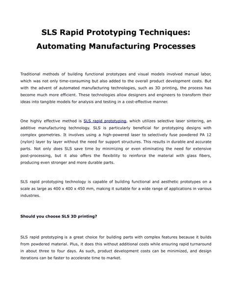 Ppt Sls Rapid Prototyping Techniques Automating Manufacturing Processes Powerpoint