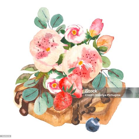 맛 있는 바 삭 빈 와플 베리와 꽃 흰색 바탕에 수채화 그림 손으로 그려진된 그림 갈색에 대한 스톡 벡터 아트 및 기타 이미지 갈색 건강한 식생활 곡초류 Istock