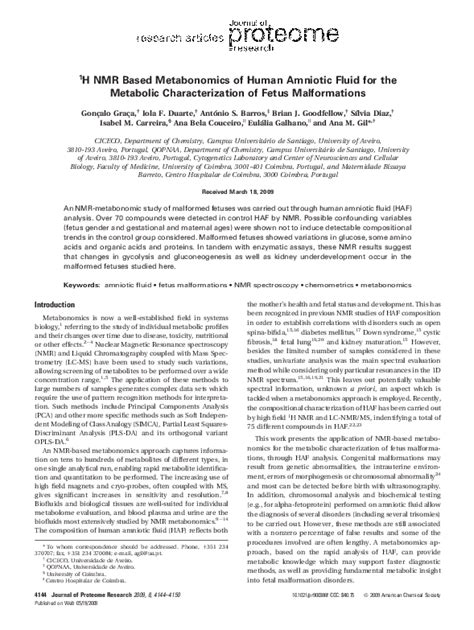 Pdf 1h Nmr Based Metabonomics Of Human Amniotic Fluid For The
