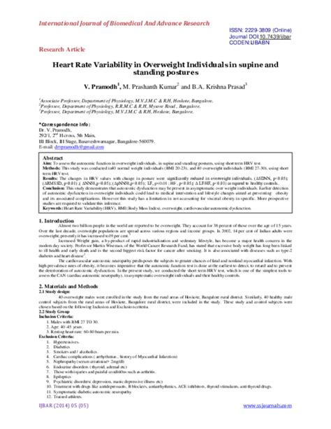 Pdf Heart Rate Variability In Overweight Individuals In Supine And Standing Postures