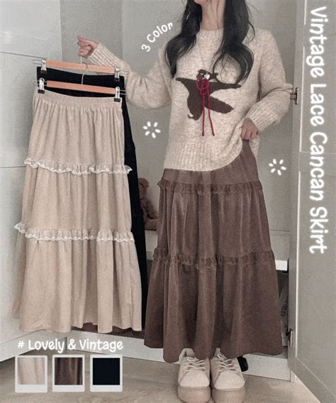 모리걸🤎레이스캉캉 빈티지 캉캉 롱스커트 밴딩 가을 겨울 봄 에스닉 히피 모리걸 치마 에이블리