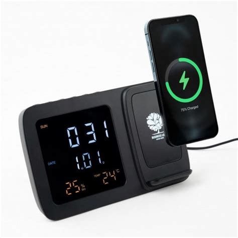 Obelisk Wireless Phone Stand Digital Clock Temperature Humidity Display