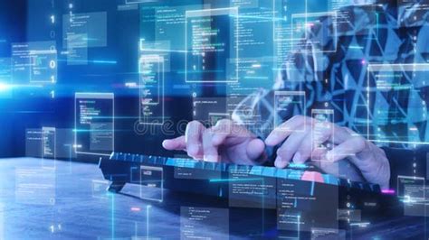 Software Developer Typing On A Keyboard With Digital Codes And