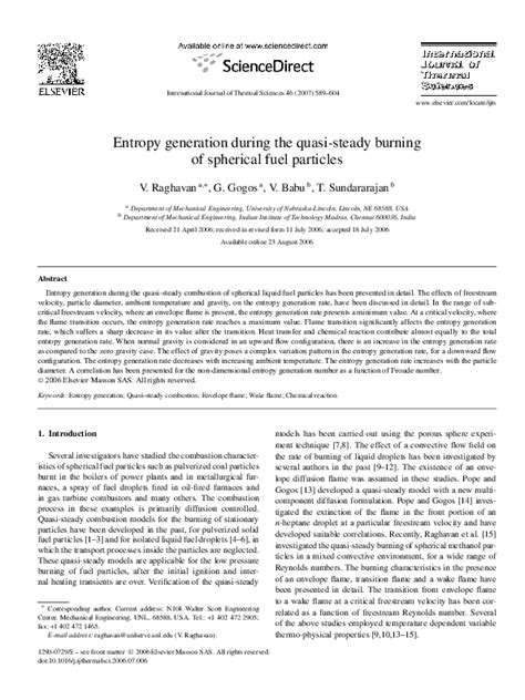 Pdf Entropy Generation During The Quasi Steady Burning Of Spherical