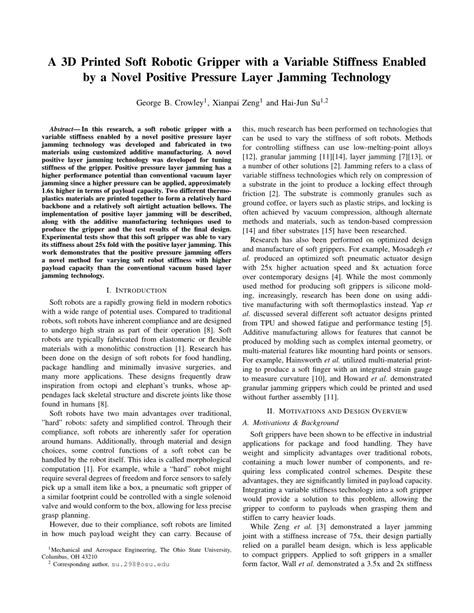 PDF A D Printed Soft Robotic Gripper With A Variable Stiffness Enabled By A Novel Positive