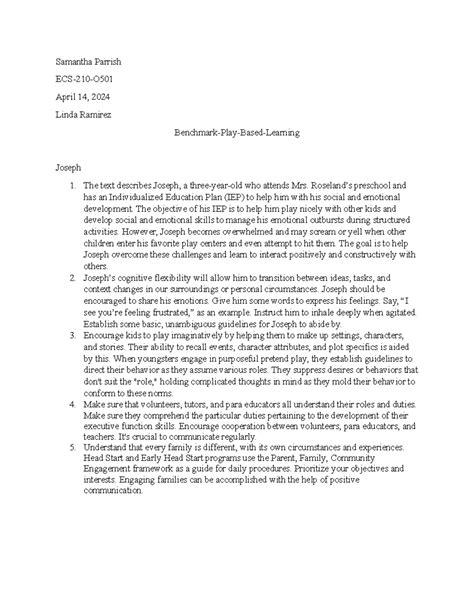 ECS 210 O500 Benchmark Play Based Learning Samantha Parrish ECS 210 O April 14 2024 Linda