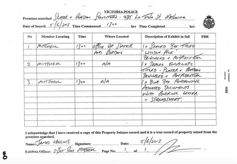 Chronology And Status Of Exhibits In The Victoria Police Search Warrant On GILLARD S Former