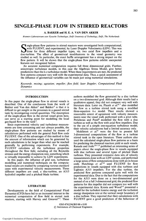 Pdf Single Phase Flow In Stirred Reactors
