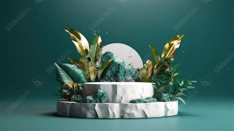 무료 무성한 열대 식물로 둘러싸인 매끈한 모형 바위 연단 스탠드를 특징으로 하는 추상 Ppt 배경 Slidesdocs