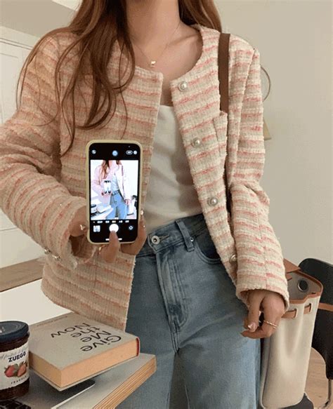 오호 Premium 트위드자켓 노카라 숏자켓 크롭트위드 진주자켓 스트라이프 가디건 핑크 트위드 울자켓