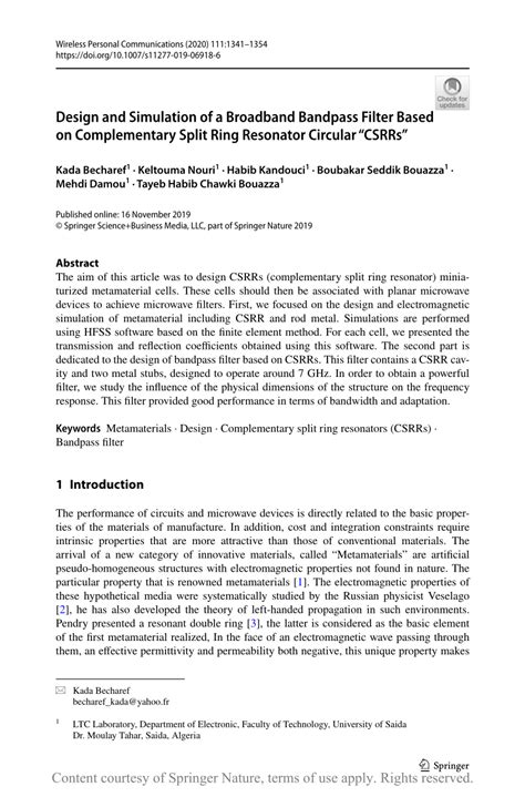 Design And Simulation Of A Broadband Bandpass Filter Based On Complementary Split Ring Resonator
