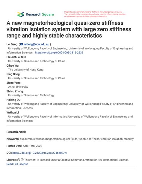 Pdf A New Magnetorheological Quasi Zero Stiffness Vibration Isolation System With Large Zero