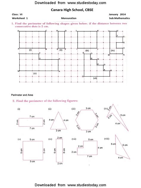 Cbse Class 6 Mensuration Worksheet 2 Mathematics Science